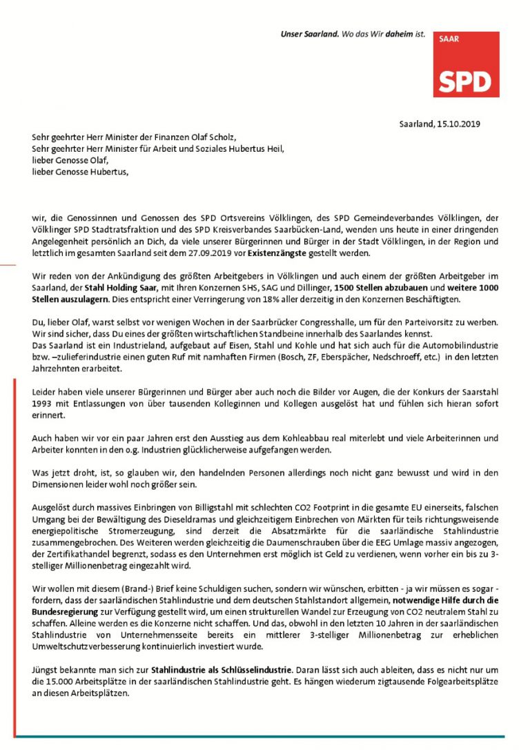 Brandbrief an Scholz und Heil | SPD Völklingen