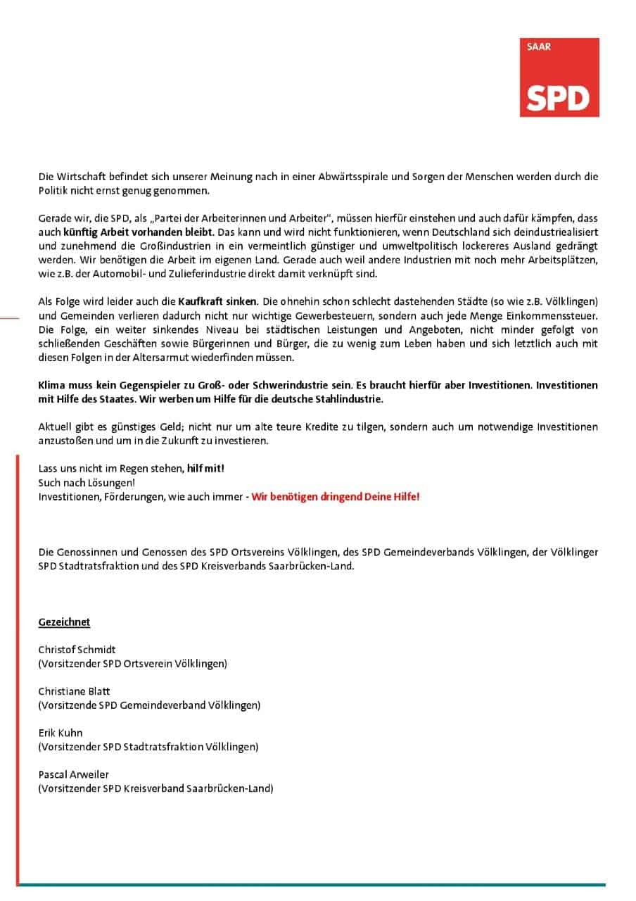 Brandbrief an Scholz und Heil | SPD Völklingen